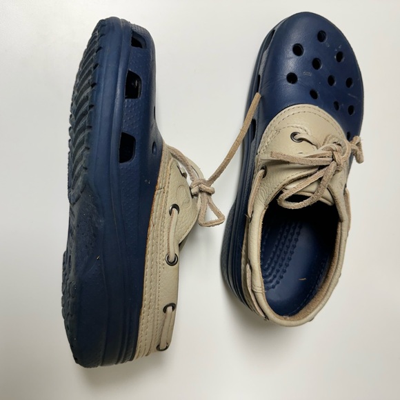 CROCS | Shoes | Crocs Islander Pitcrew Boat Blue Beige Leather Clogs ...